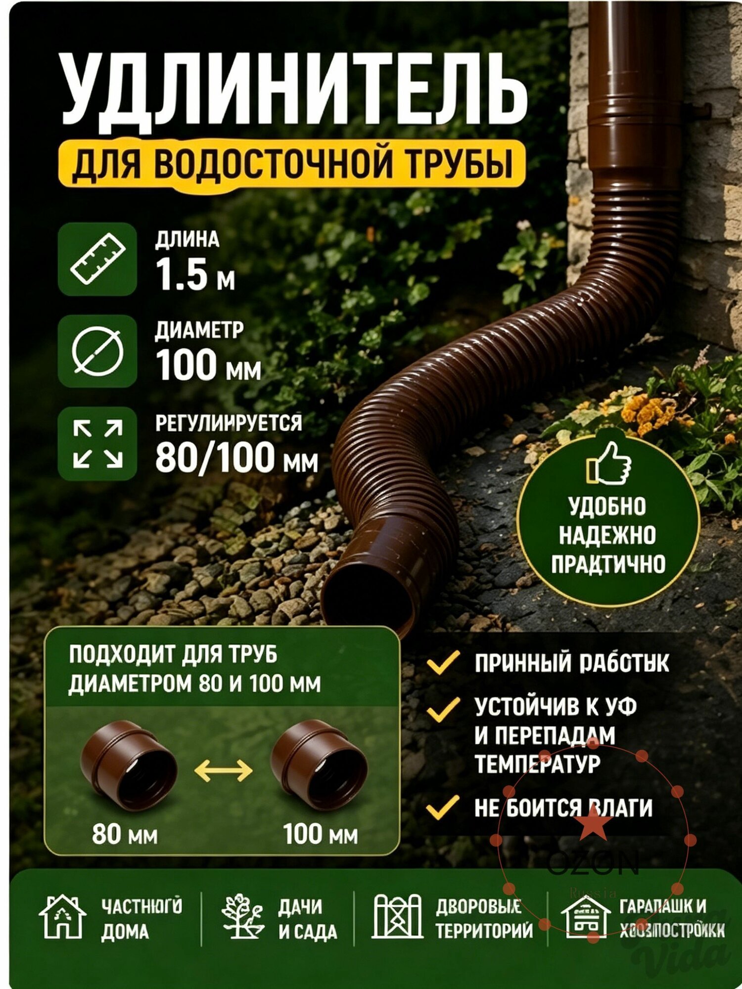 Гибкий удлинитель водосточной трубы 80/100 мм, пластиковая дренажная труба для отвода воды от фундамента, униве