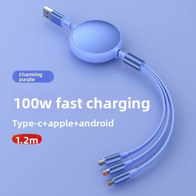 Кабель данных для быстрой зарядки тпе 3в1 с выдвижным механизмом и мощностью 100вт для смартфонов пурпурный