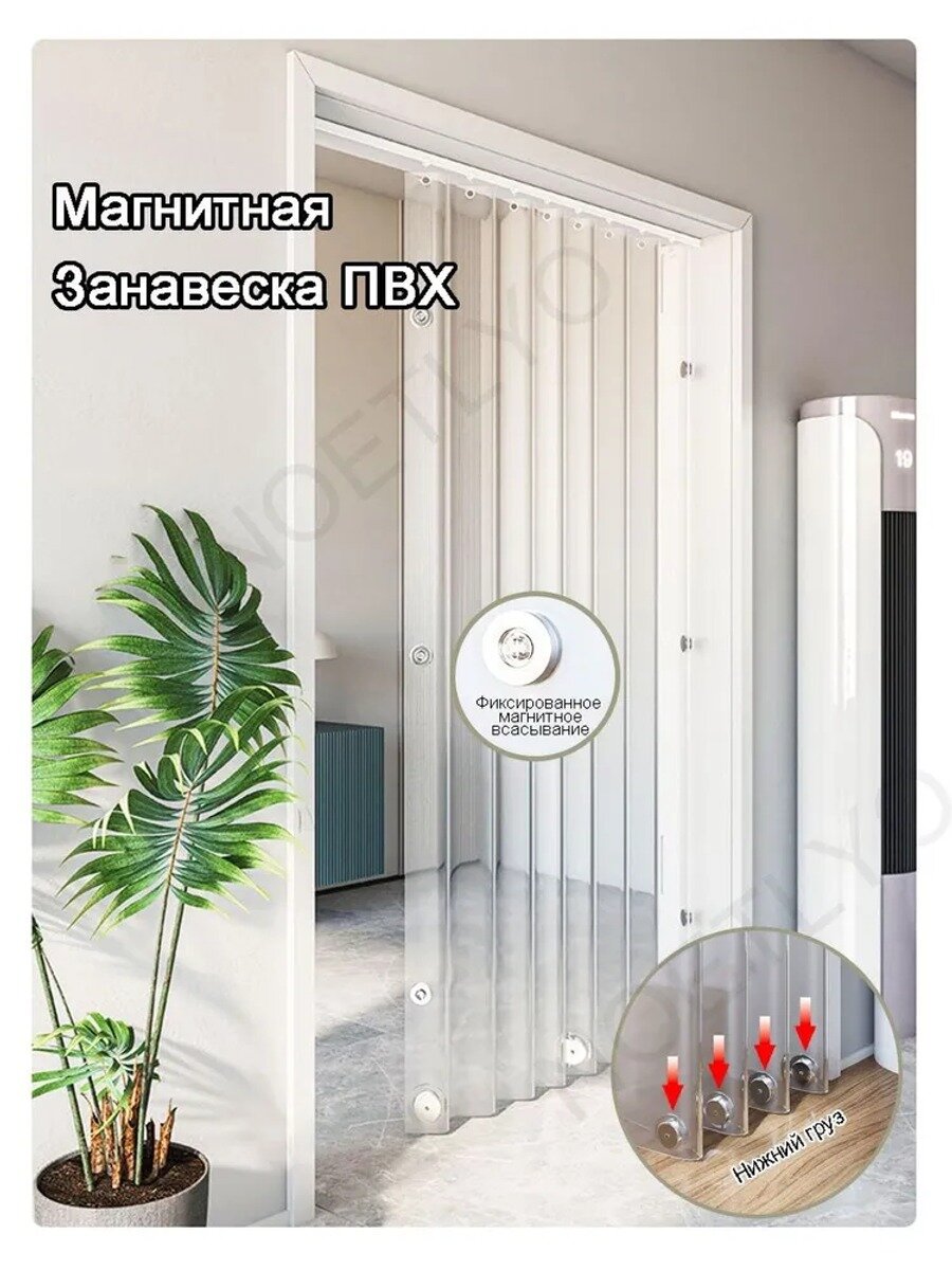 Прозрачная ПВХ штора для дверного проема 130x200 см, раздвижная, с магнитными полосами