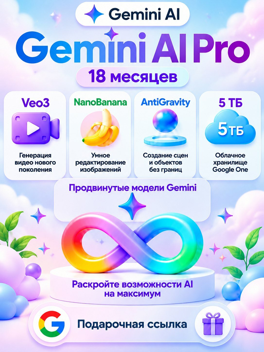 Подписка Gemini AI Pro 18 месяцев — Veo3 + NanoBanana + AntiGravity + 5 ТБ. Активация на личный Google аккаунт.