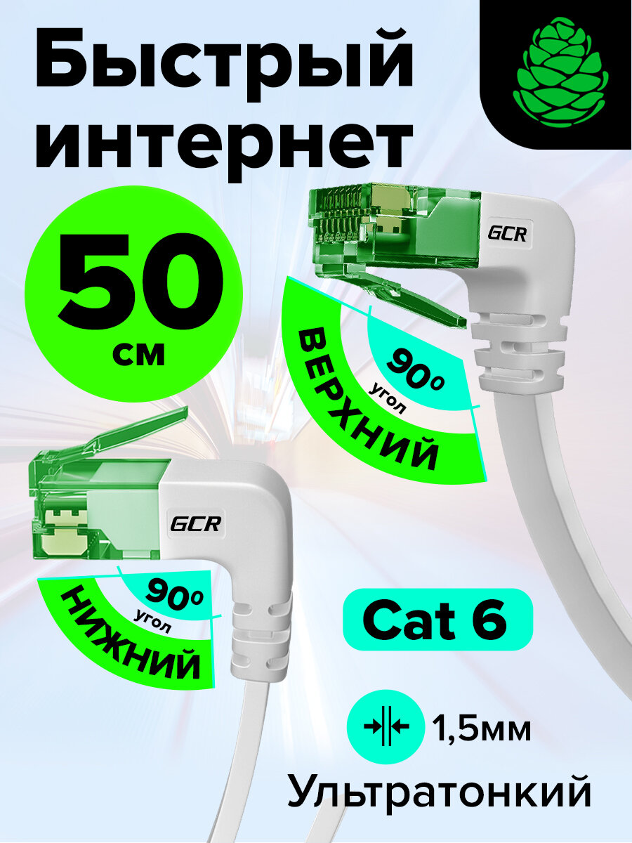 Плоский угловой патч корд 50см GCR PROF верхний/нижний угол КАТ.6 10 Гбит/с RJ45 LAN компьютерный кабель для интернета медный 24K GOLD белый