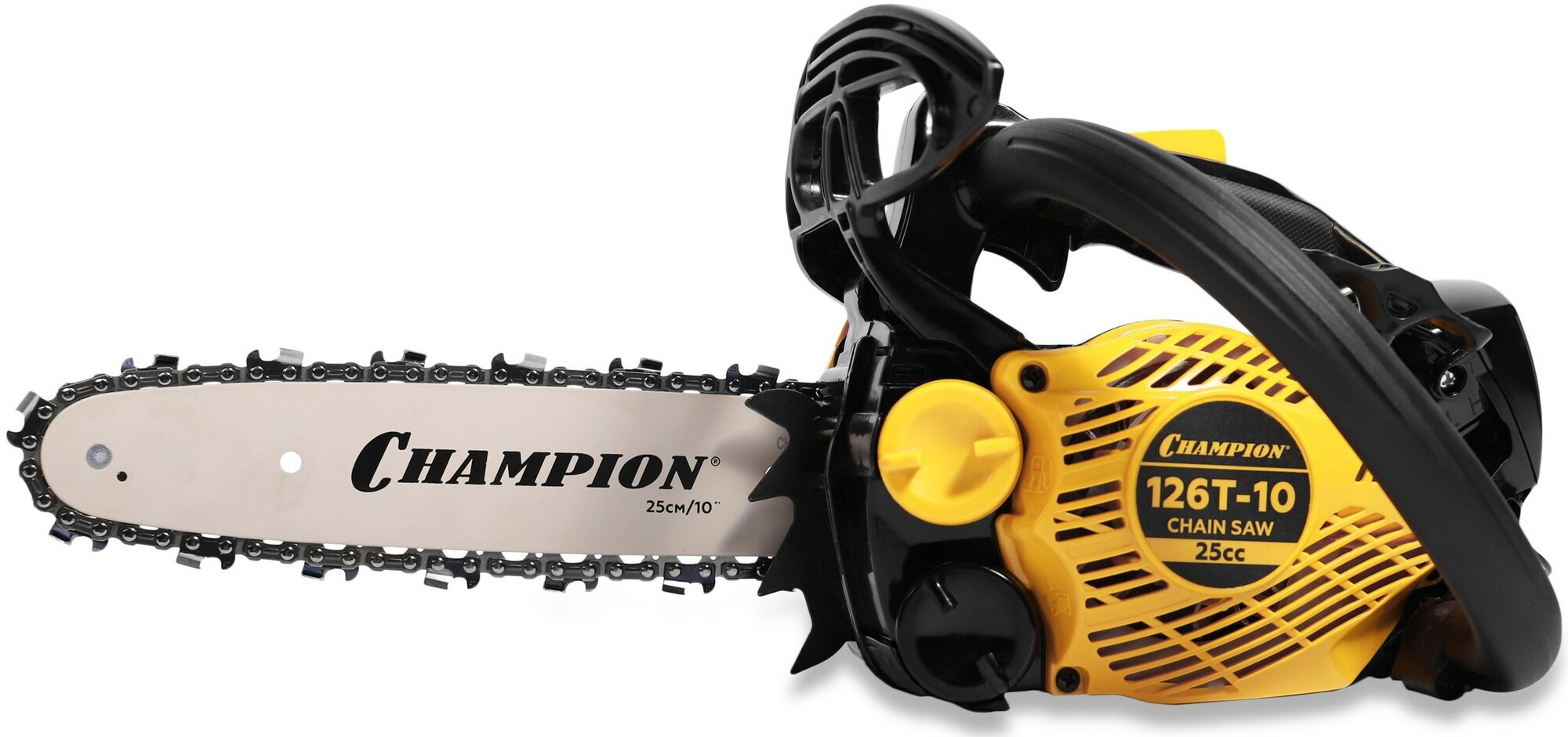 Бензопила цепная Champion 126T-10, шина 25 см, шаг 3/8, 40 звеньев, желтая/черная