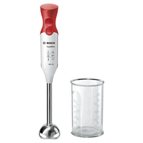 Блендер погружной BOSCH, 450 Вт, 2 скорости, 1 насадка, стакан, белый/красный (MSM64110)