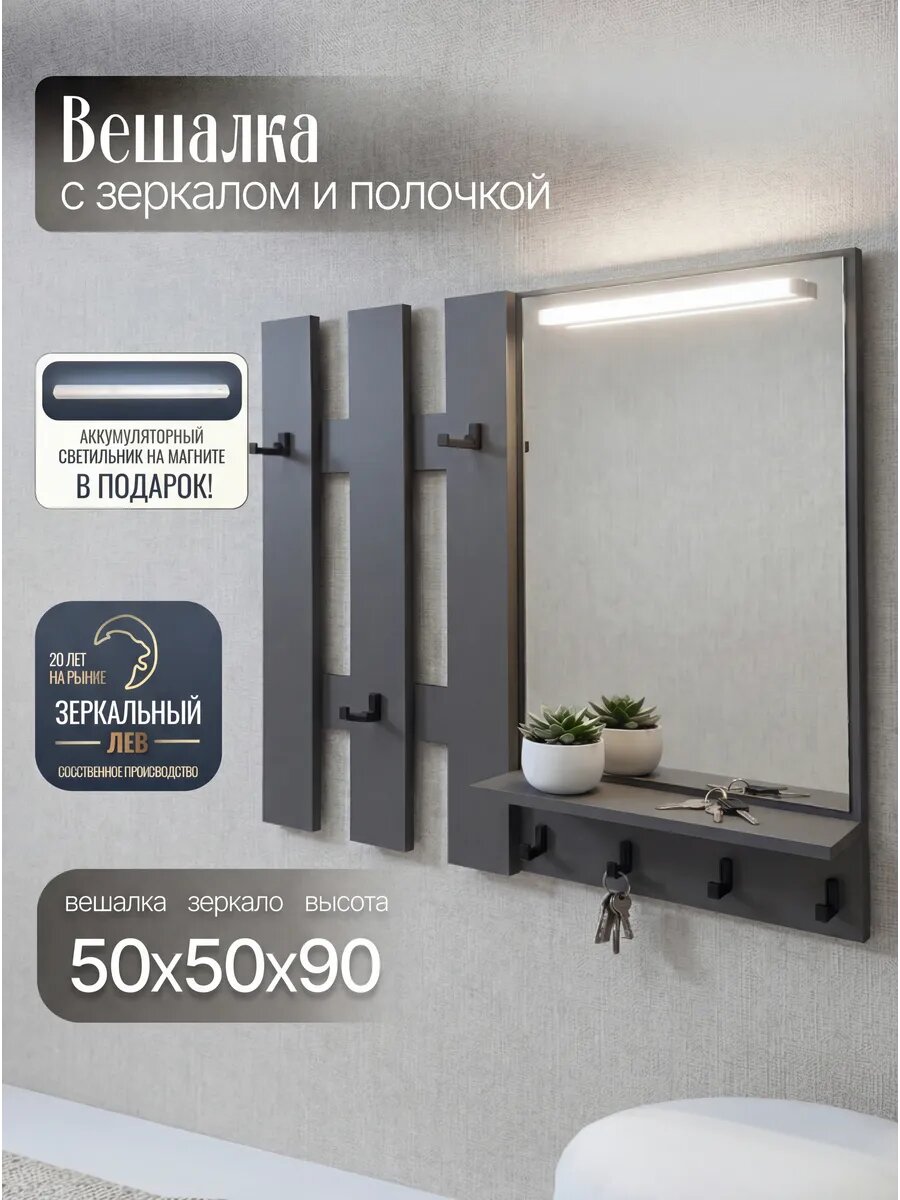 Вешалка для прихожей Зеркальный Лев ЛДСП графит 100х90 см с зеркалом с полкой