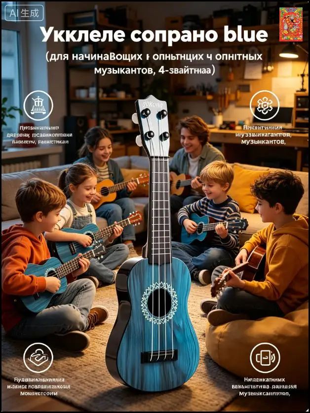 Укулеле сопрано мини blue (для начинающих и опытных музыкантов, гавайская гитара) 42 см / музыкальные инструменты детские