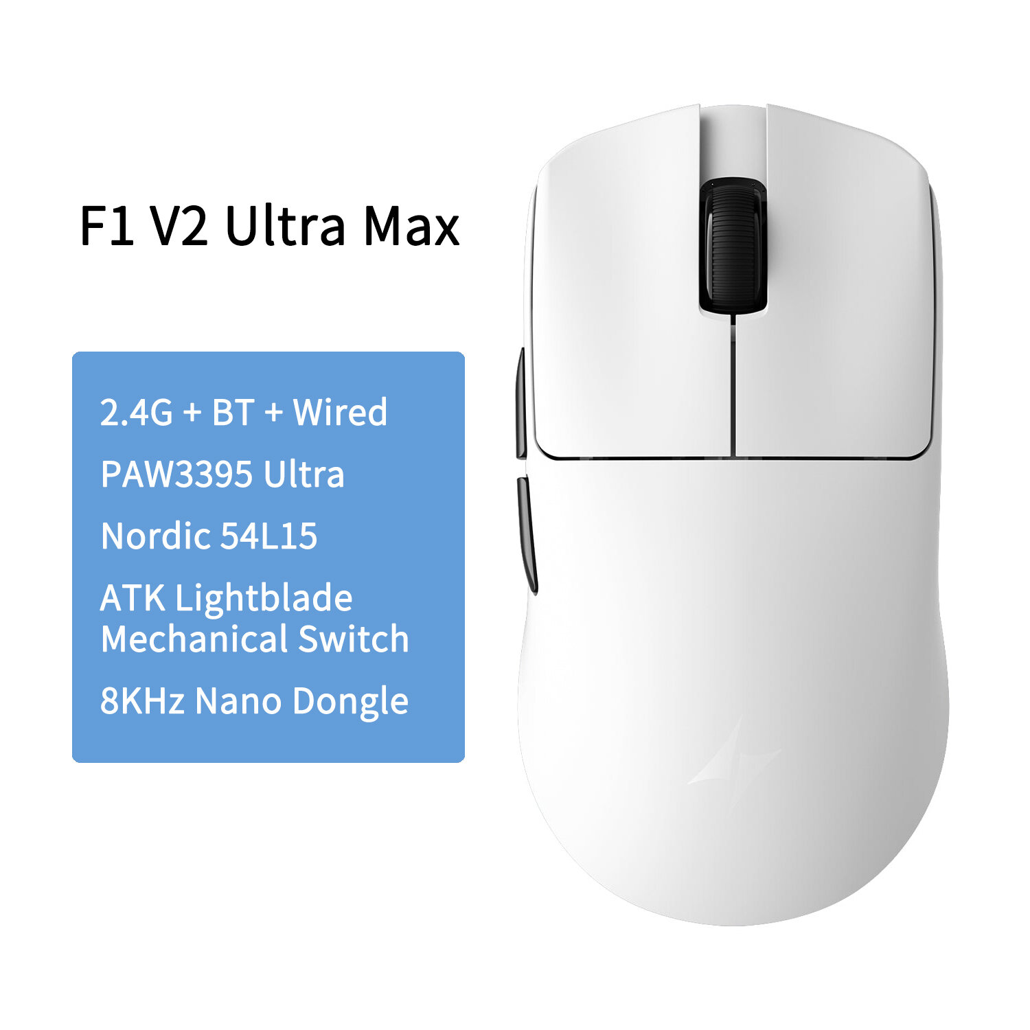ATK Игровая мышь беспроводная Blazing Sky F1 V2 Ultra Max, 8K 2.4G+Bluetooth беспроводная и проводная, белый