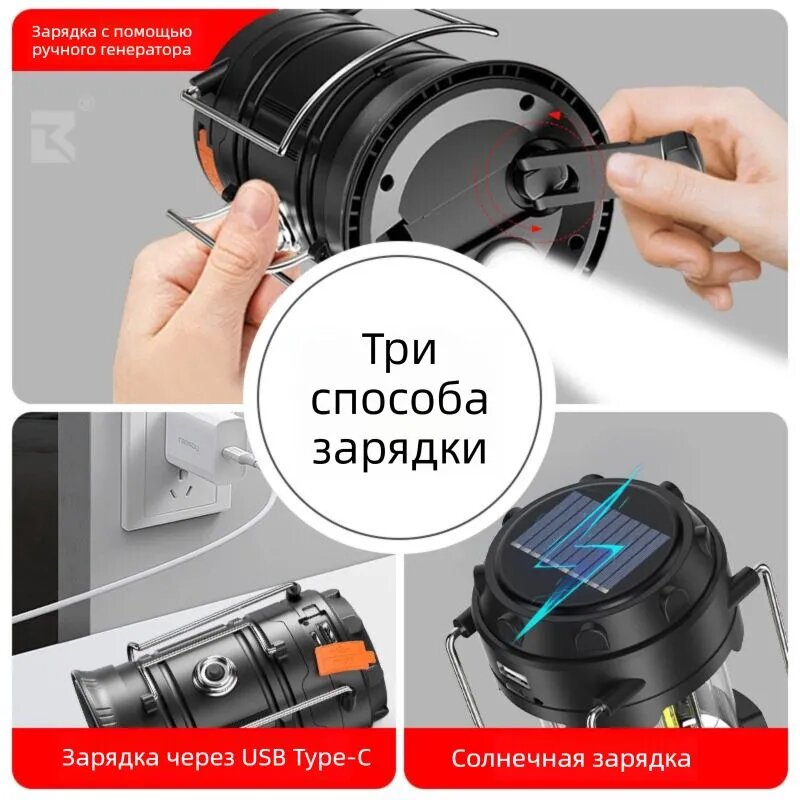 Динамофонарь кемпинговый с солнечной батареей, 350 люмен, IP44, 15x2.6x2.6 — фото 1