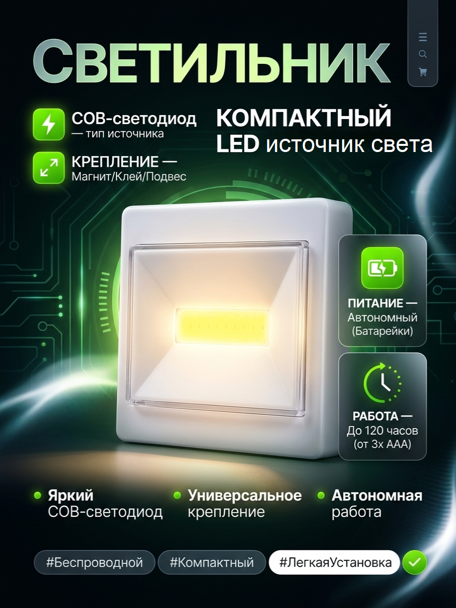 Компактный светильник, 3W / настенная беспроводная мини лампа