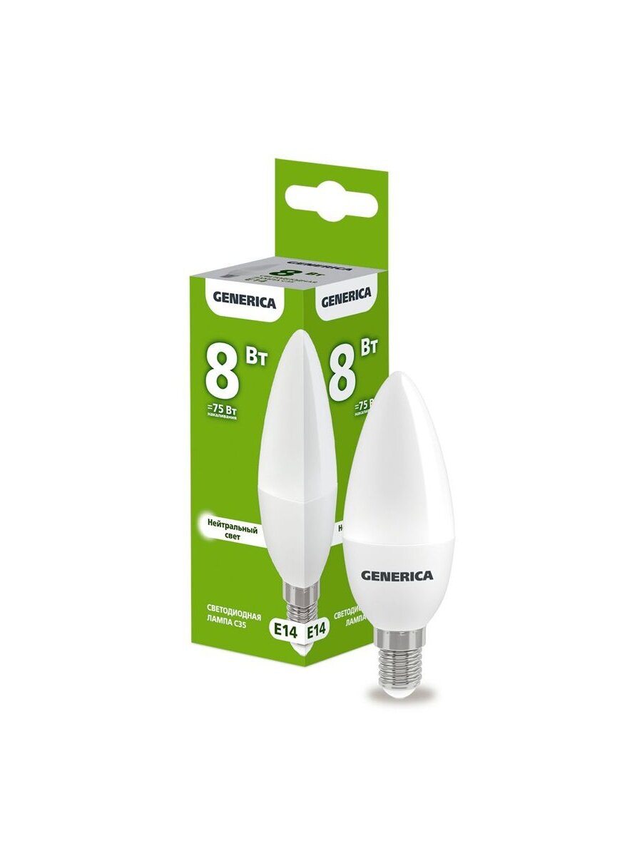Лампа светодиодная C35 8Вт свеча 4000К E14 230В GENERICA LL-C35-08-230-40-E14-G