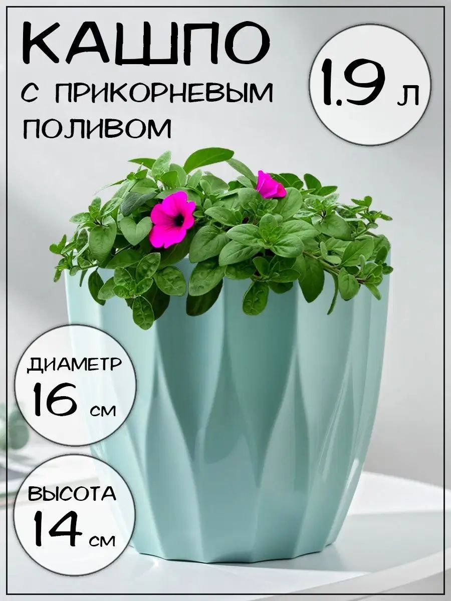 Кашпо с прикорневым поливом Флюте/Размер 14*16см/Объем 1,9л/Цвет нефрит