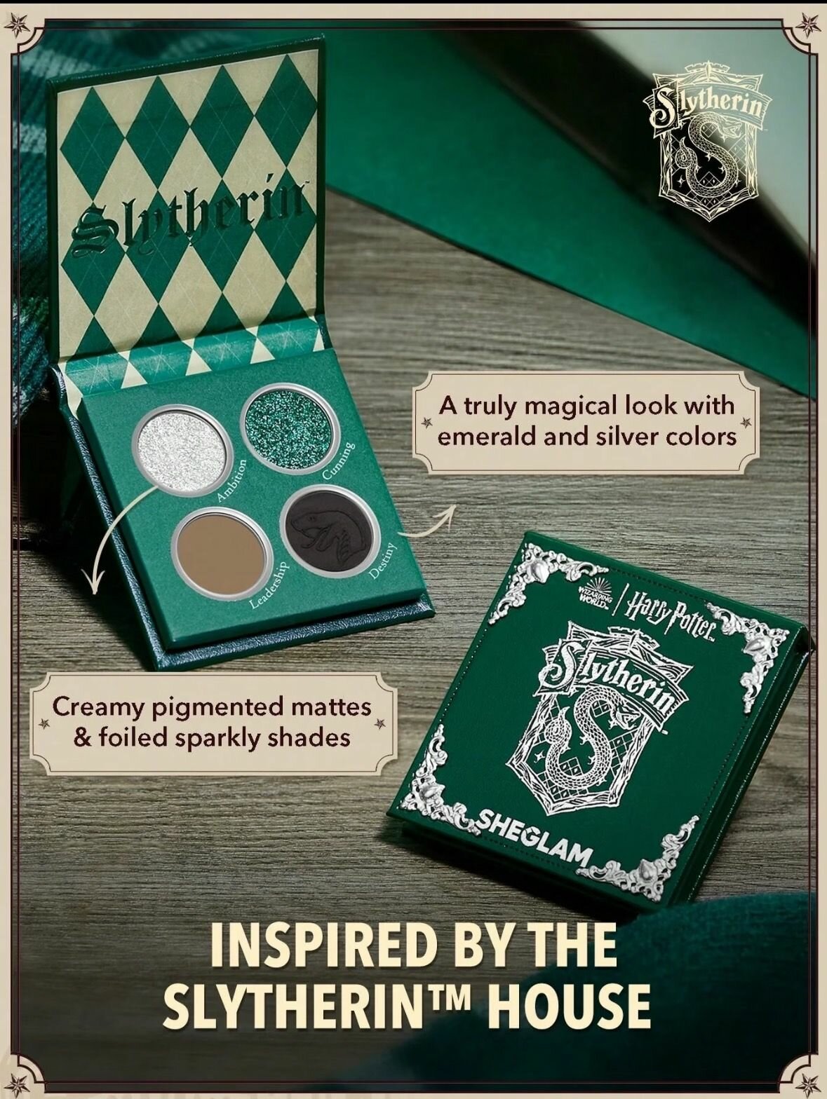 Палетка теней для век Harry Potter: Slytherin, изумрудный и серебро