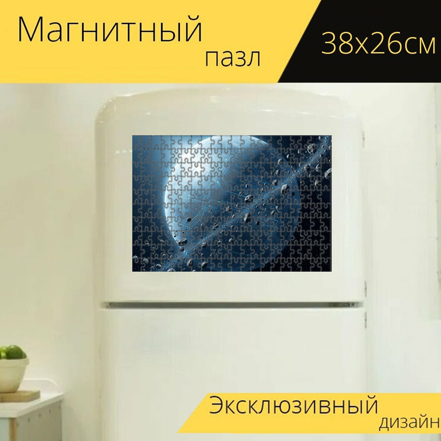 Магнитный пазл "Космическая планета с астероидами. Футуристическая сцена дальнего космоса: светящийся шар с цифровыми линиями, россыпь астероидов и звездное." для интерьера, 38х26 см.