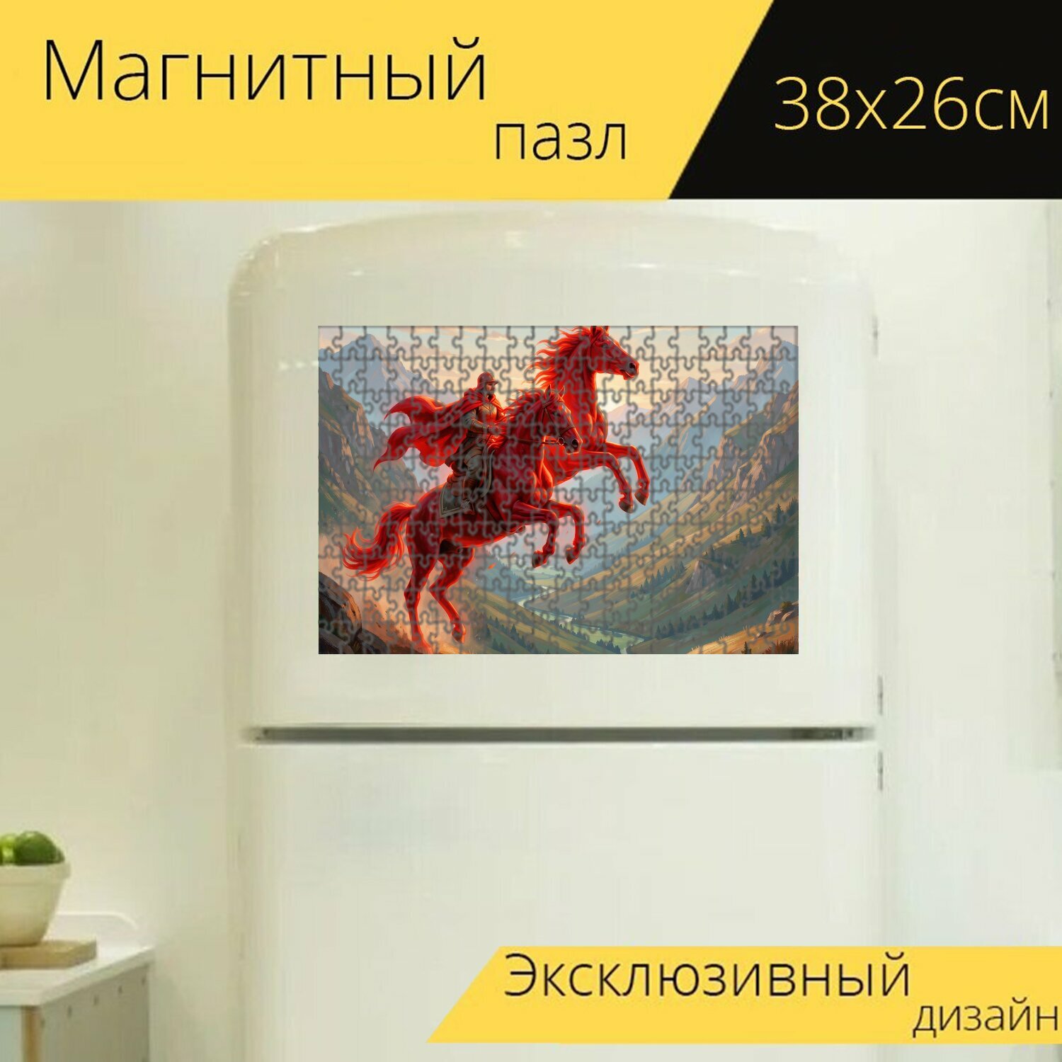 Магнитный пазл "Красные кони в горной долине. Эпическое фэнтези с всадником и двумя алыми скакунами среди высоких скал, долин и облачного неба. Динамика." для интерьера, 38х26 см.