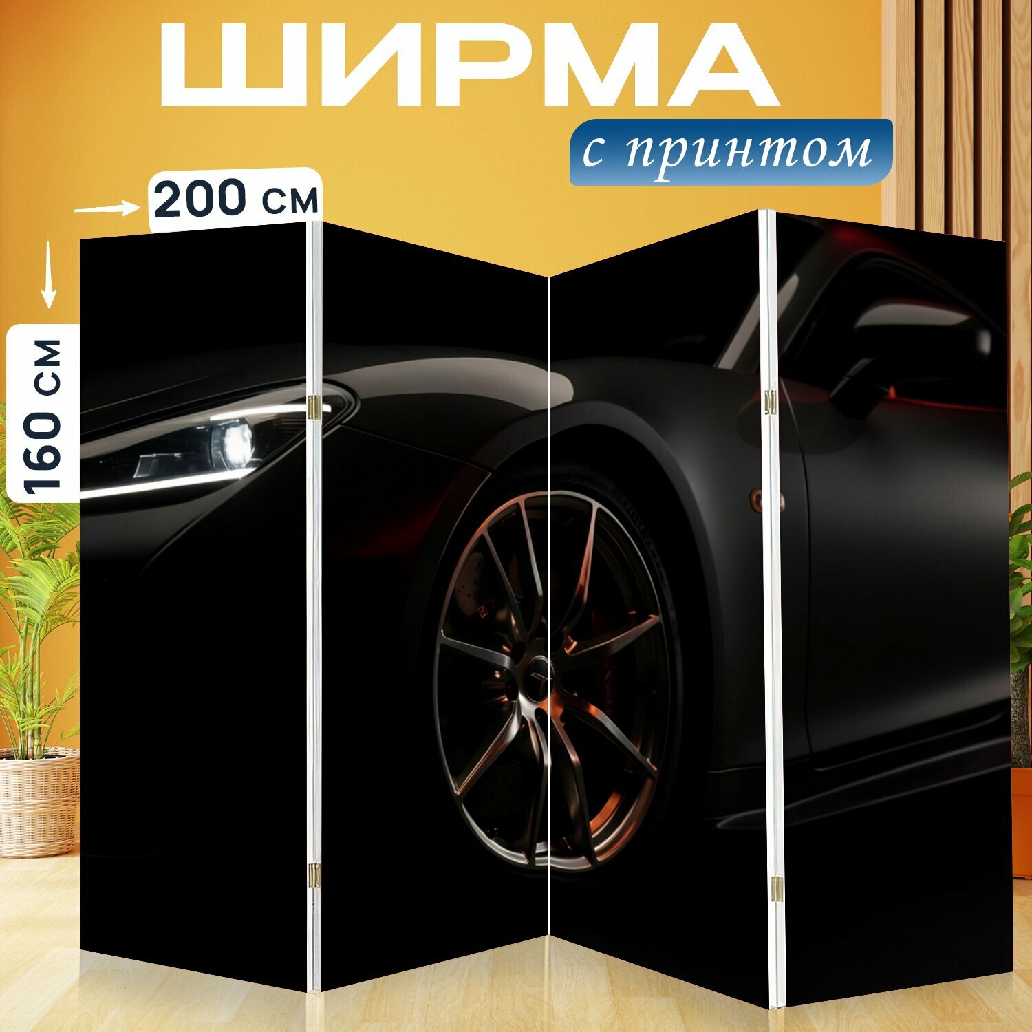 Ширма "Спортивный автомобиль в темном свете. Элегантное купе в черном матовом исполнении с крупным колесным." перегородка для зонирования комнаты с принтом 200x160 см. на холсте