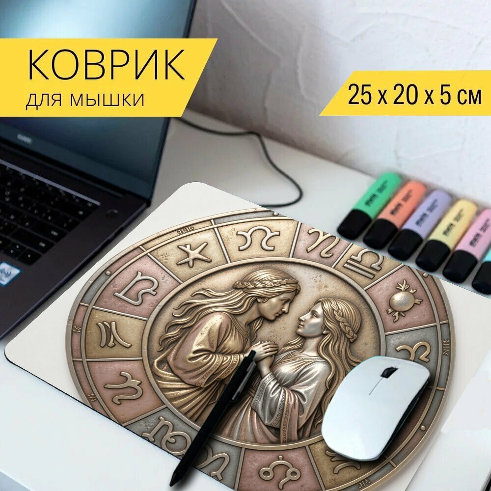 Коврик для мыши с принтом "Два зодиакальных близнеца. Мифологическая композиция в бронзово-золотых и пастельных тонах: две девушки смотрят друг на друга и держатся за руки." 25x20см.