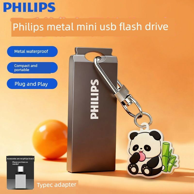 Philips 32GB Металлический USB-накопитель с адаптером Type-C, водонепроницаемый мини-дизайн для мобильных устройств и