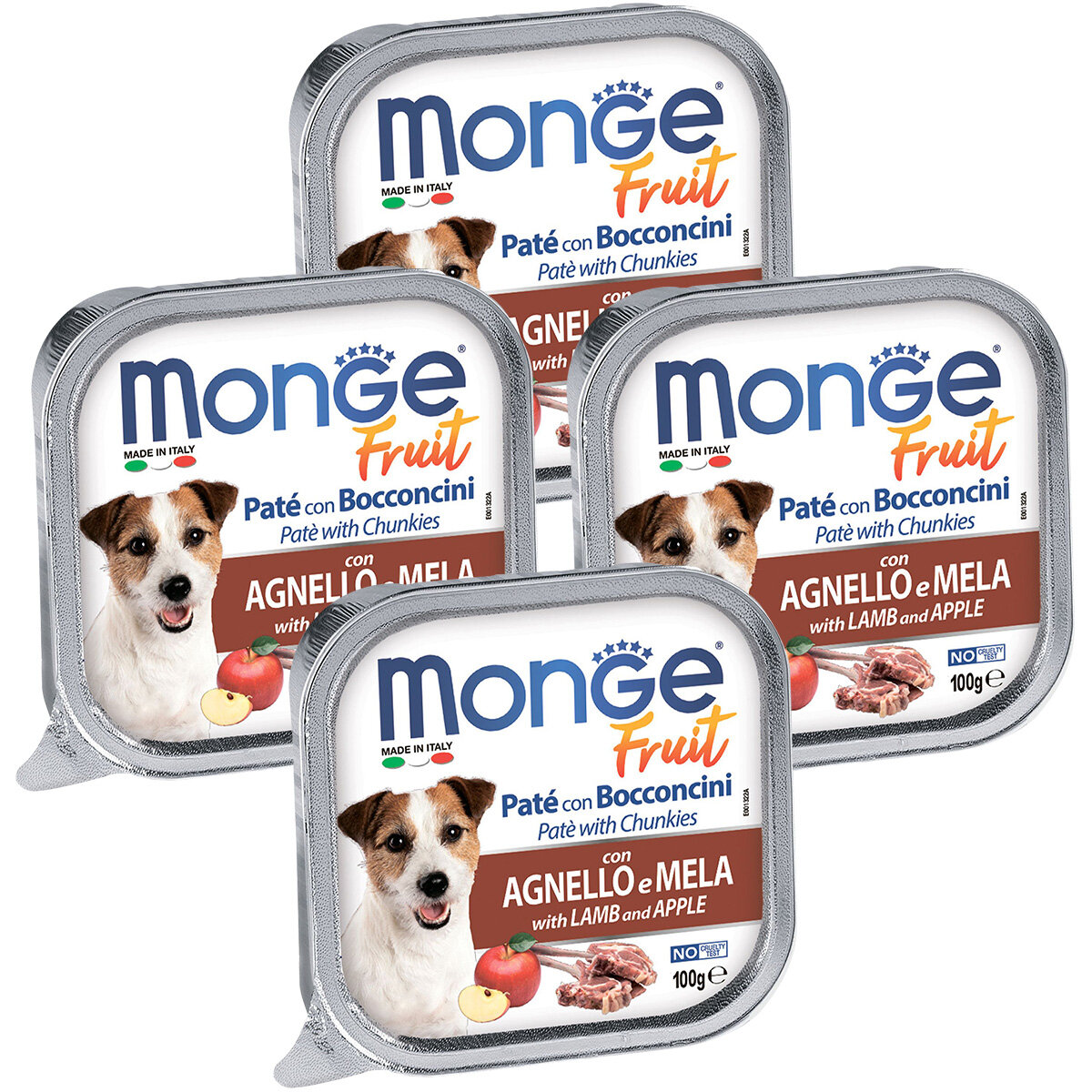 Корм влажный Monge Fruit Dog для взрослых собак паштет с ягненком и яблоком, 100 г 4 шт