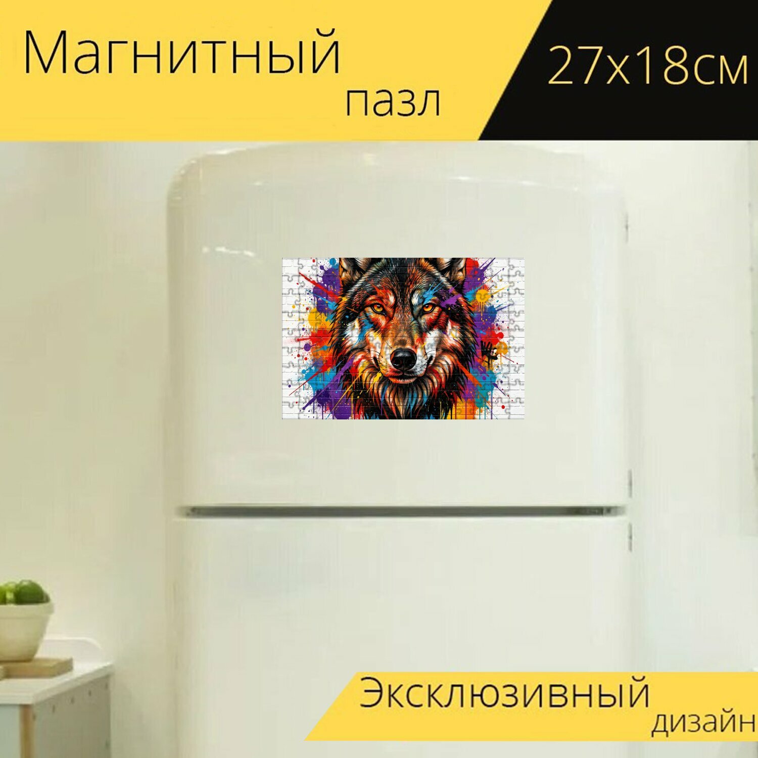 Магнитный пазл "Яркий волк в граффити. Харизматичная морда хищника в неоновом уличном стиле, с брызгами краски и потёками на белой кирпичной стене." на холодильник 27 x 18 см.