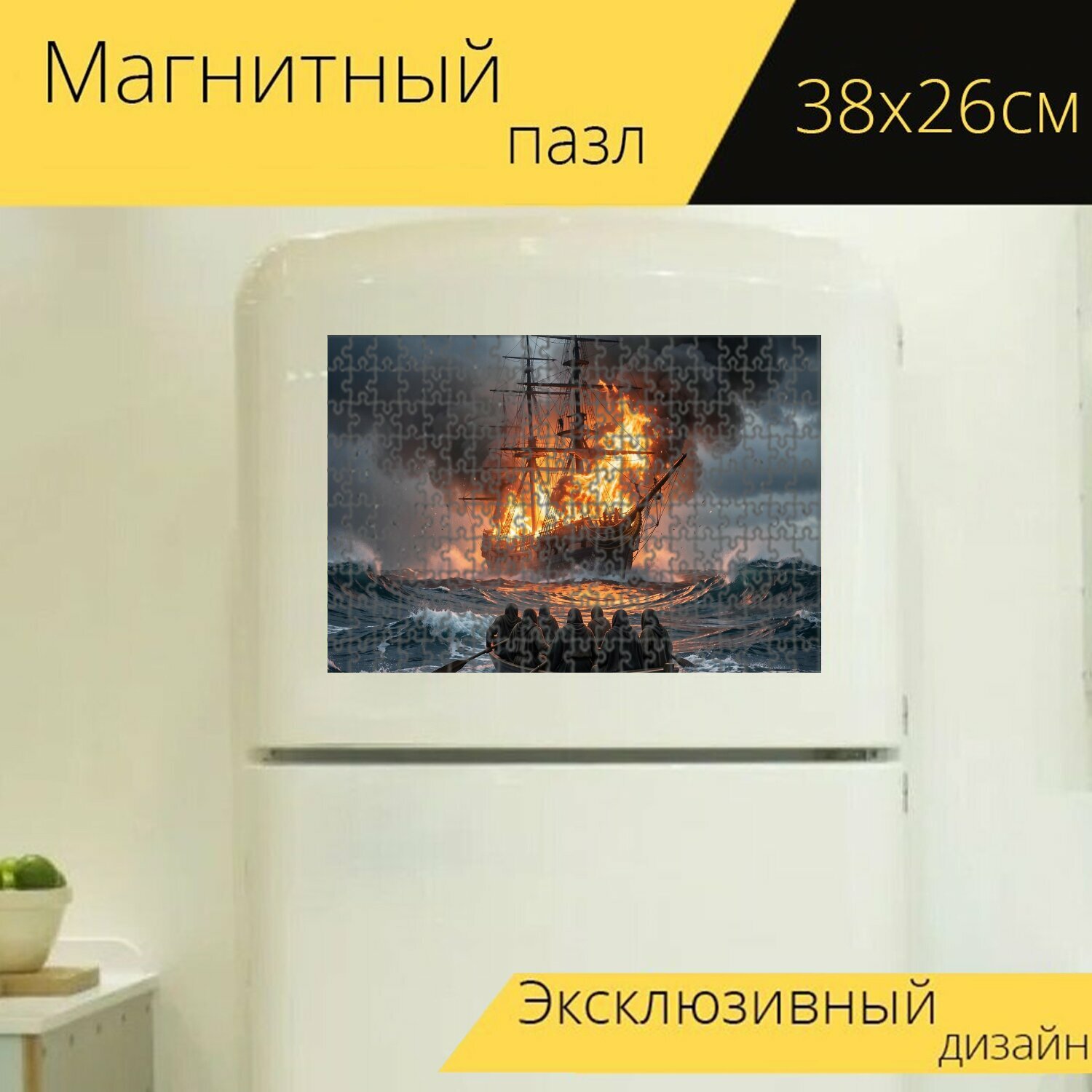 Магнитный пазл "Горящий парусник в бурном море. Драматическая сцена морского сражения: старинный корабль охвачен пламенем среди высоких волн и густого дыма." для интерьера, 38х26 см.