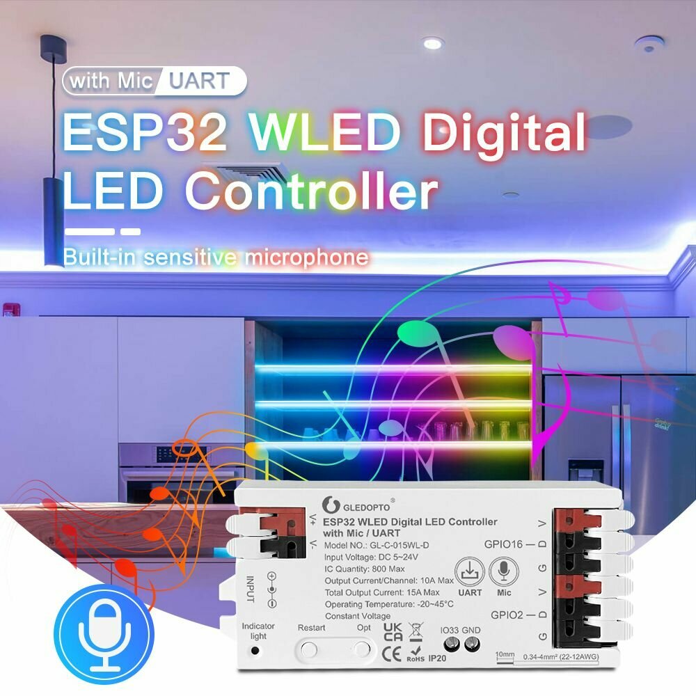 Контроллер Gledopto ESP32 WLED с микрофоном UART Скачать, Музыкальный режим, Динамический RGB DIY для WS2811 WS2812 SK6812 TM1814 WS2813 WS2815