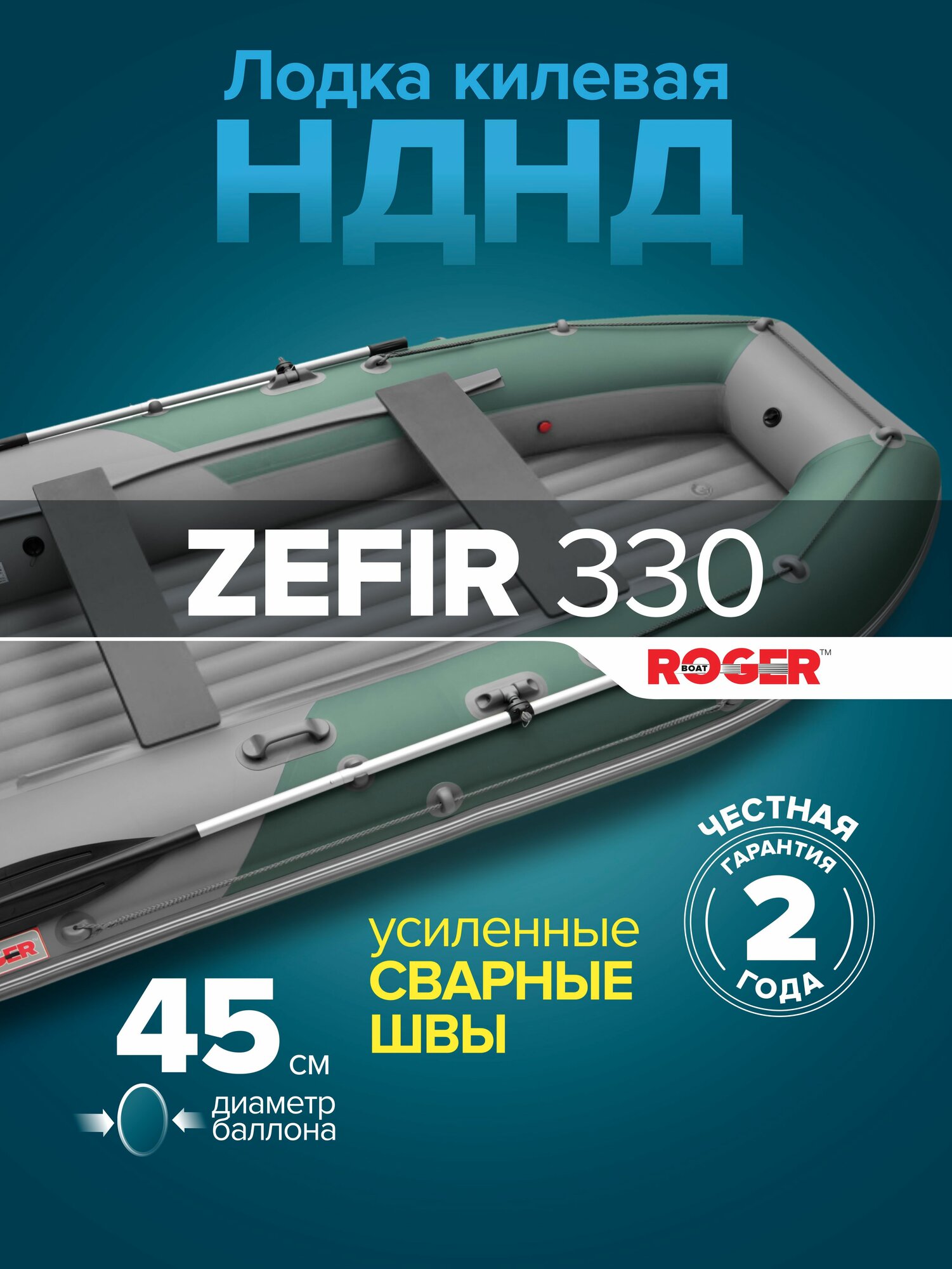 Лодка ПВХ под мотор ROGER Zefir 330, лодка надувная для рыбалки НДНД килевая (зеленый серый)