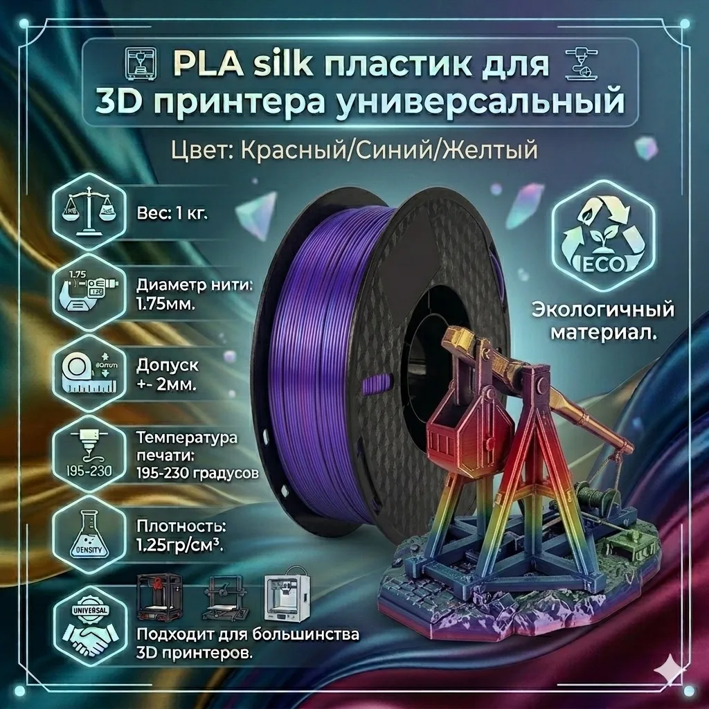 PLA Silk пластик для 3D принтера трехцветный красный/синий/желтый 1.75мм универсальный 1кг