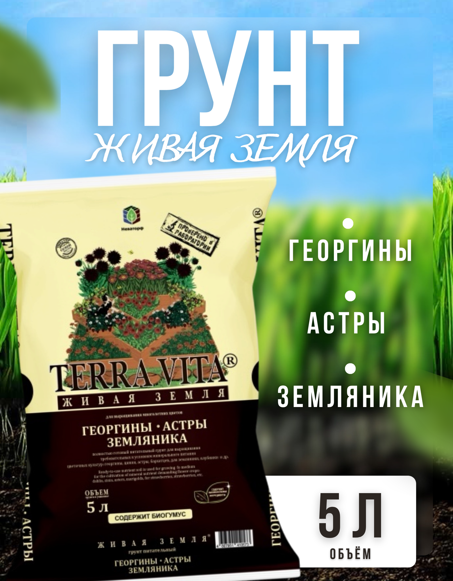Грунт Живая земля георгин, астра, земляника объем 5л, рассада для растений