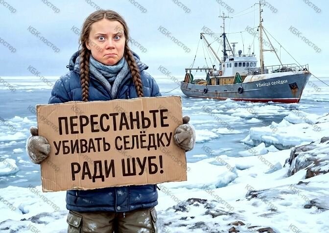 "Перестаньте - убивать селёдку ради шуб (Грета Тунберг)". 42х30 см. Плакат А3_054.