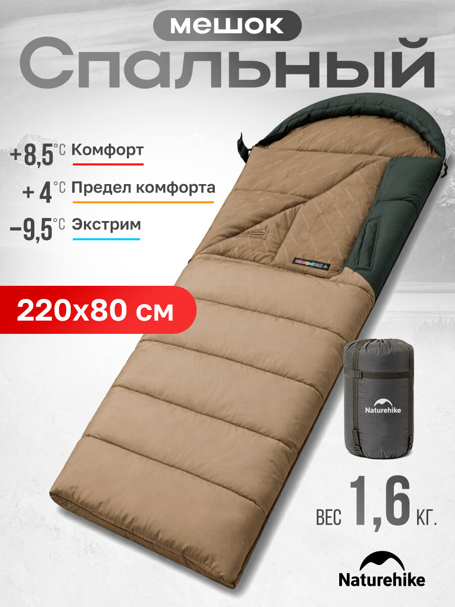 Мешок спальный Naturehike Sunny Day PL02 U250, (190+30)х80 см, (правый) (ТК: +8C), коричнево-зеленый
