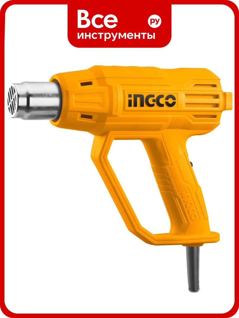 Строительный фен INGCO INDUSTRIAL HG200038, нагрева поверхностей, пистолетный тип, щеточный двигатель, защита