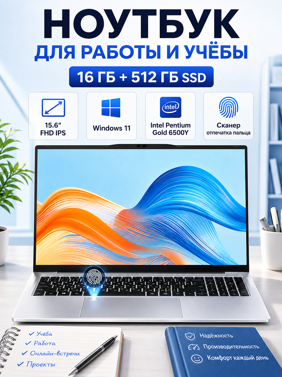 Ноутбук 15.6″ Intel Pentium Gold 6500Y, 16 ГБ ОЗУ, SSD 512 ГБ, IPS 1920Х1080, Windows 11, для работы и учебы