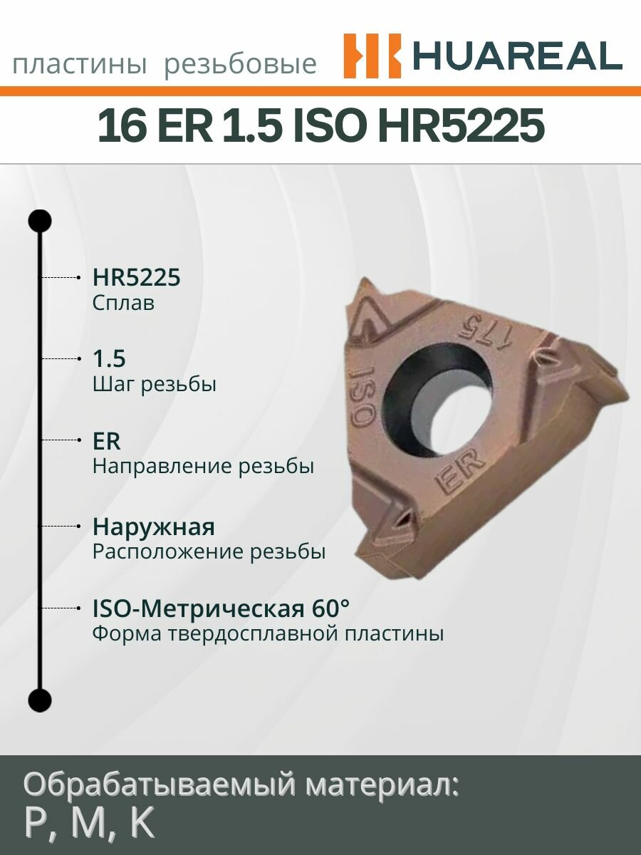 Сменная пластина резьбовая 16 ER 1.5 ISO HR5225 от бренда HUAREAL, 10 шт в наборе, сплав HR5225