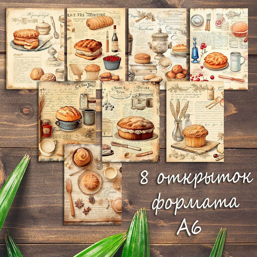 Большой набор открыток Ароматная выпечка, эстетика, 8 штук