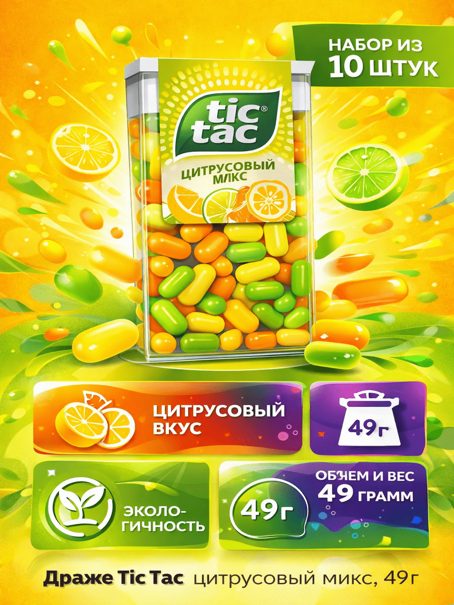 Драже Tic Tac цитрусовый микс, 49г x 10 упаковки