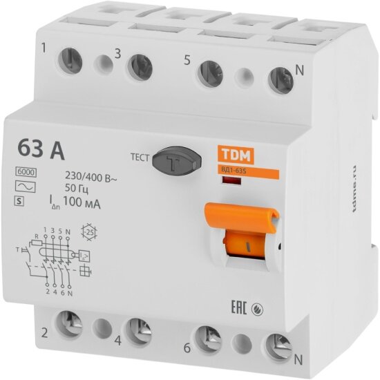 Устройство защитного отключения (УЗО) Tdm Electric ВД1-63S 4Р 63А 100мА (SQ0203-0072)