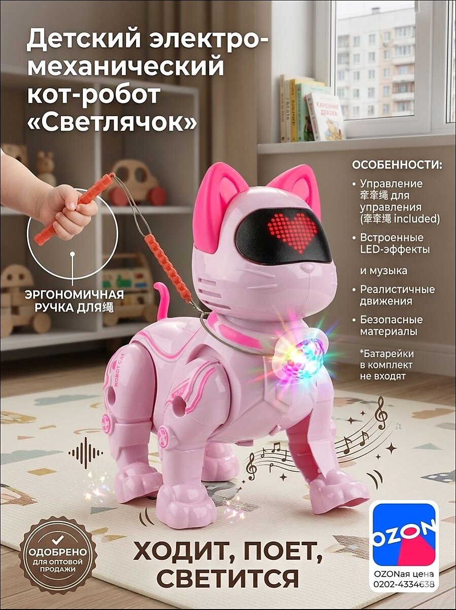 Игрушка "Кошка на поводке", ходит, поет, датчик звука, ABS пластик, датчик движения