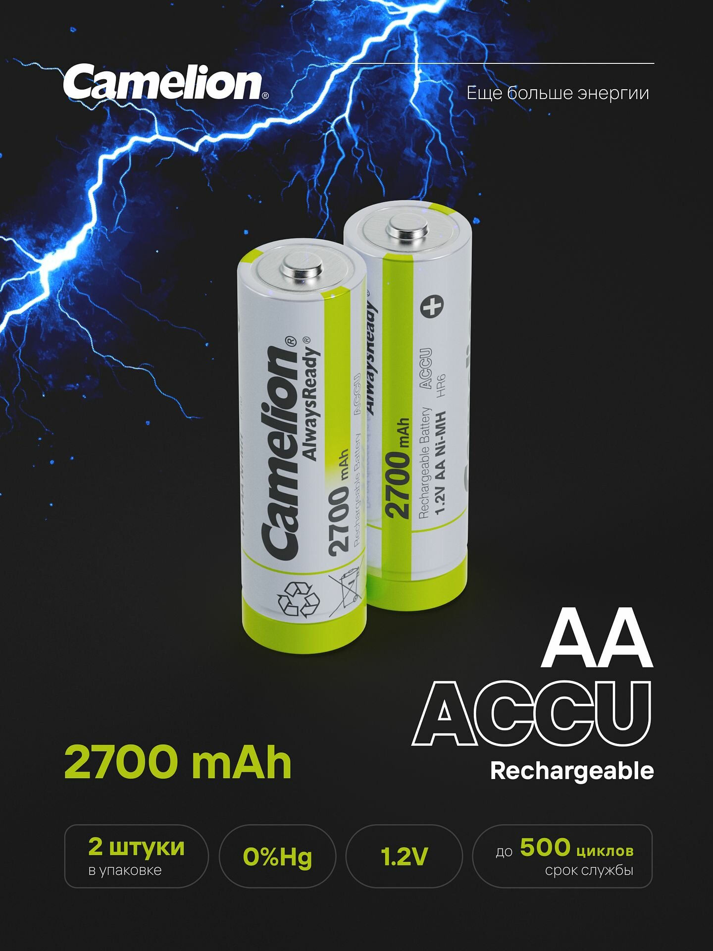 Аккумуляторные батарейки АА Camelion предзаряженные, 2 шт