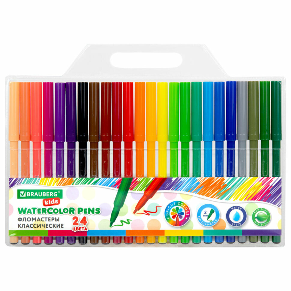 Фломастеры BRAUBERG KIDS классические 24 цвета, вентилируемый колпачок, ПВХ-упаковка, 152602, 152602