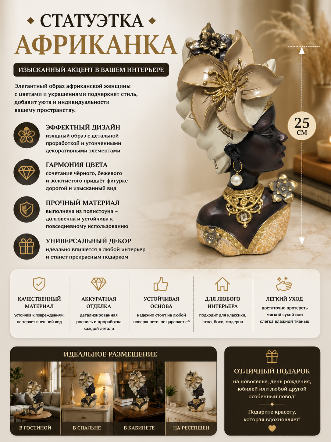 Интерьерная статуэтка Африканка-бюст, 26 см, коричневый цвет