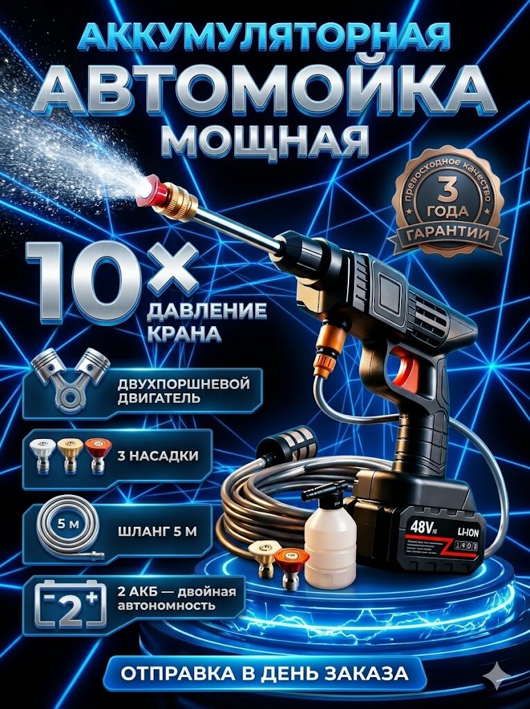 Мойка высокого давления аккумуляторная для автомобиля, Автомойка, в кейсе 2 аккумулятора, 3 насадки