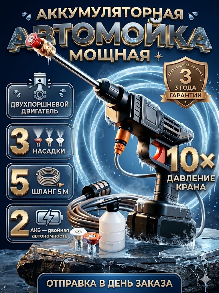 Мойка высокого давления аккумуляторная для автомобиля, Автомойка, в кейсе 2 аккумулятора, 3 насадки