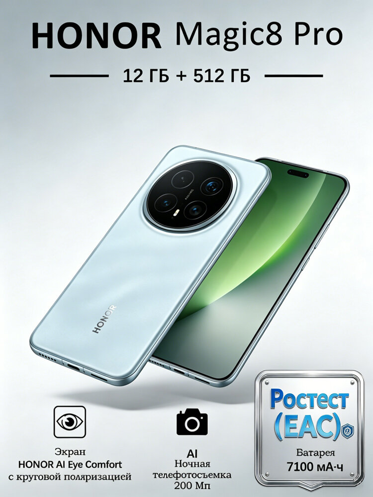 Honor Смартфон HONOR Magic 8 Pro 12/512 ГБ, 6,71 дюйма 120Гц OLED Экран Лучшая водозащита IP69 Ростест (EAC), бирюзовый