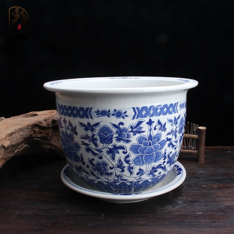 Керамический цветочный горшок Jingdezhen, большой бонсай, цветочная чаша, горшок для растений с поддоном, сине-белый фарфоровый горшок для посадки, оптовая продажа