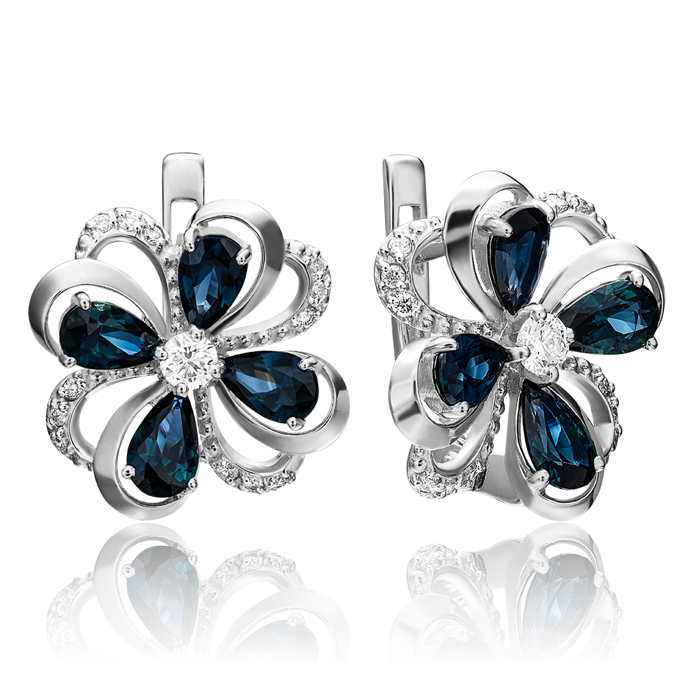 Серьги, белое золото, 585 проба, бриллиант, сапфир