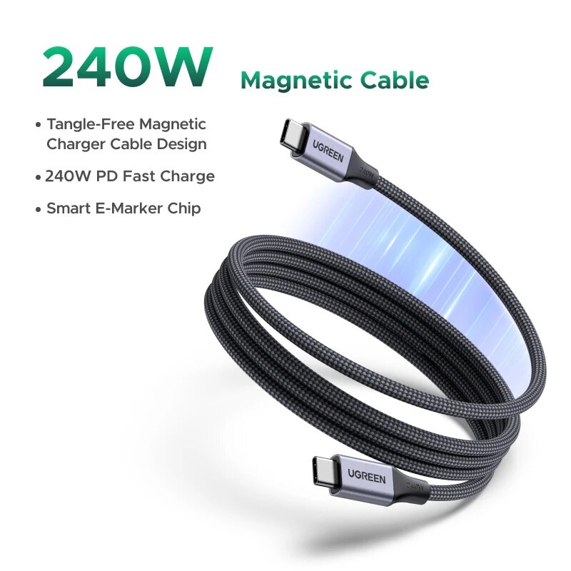 Магнитный USB-C кабель UGREEN PD100W 240W Type-C для MacBook, ноутбуков, iPhone 17, 1m 2Pcs, PD240W