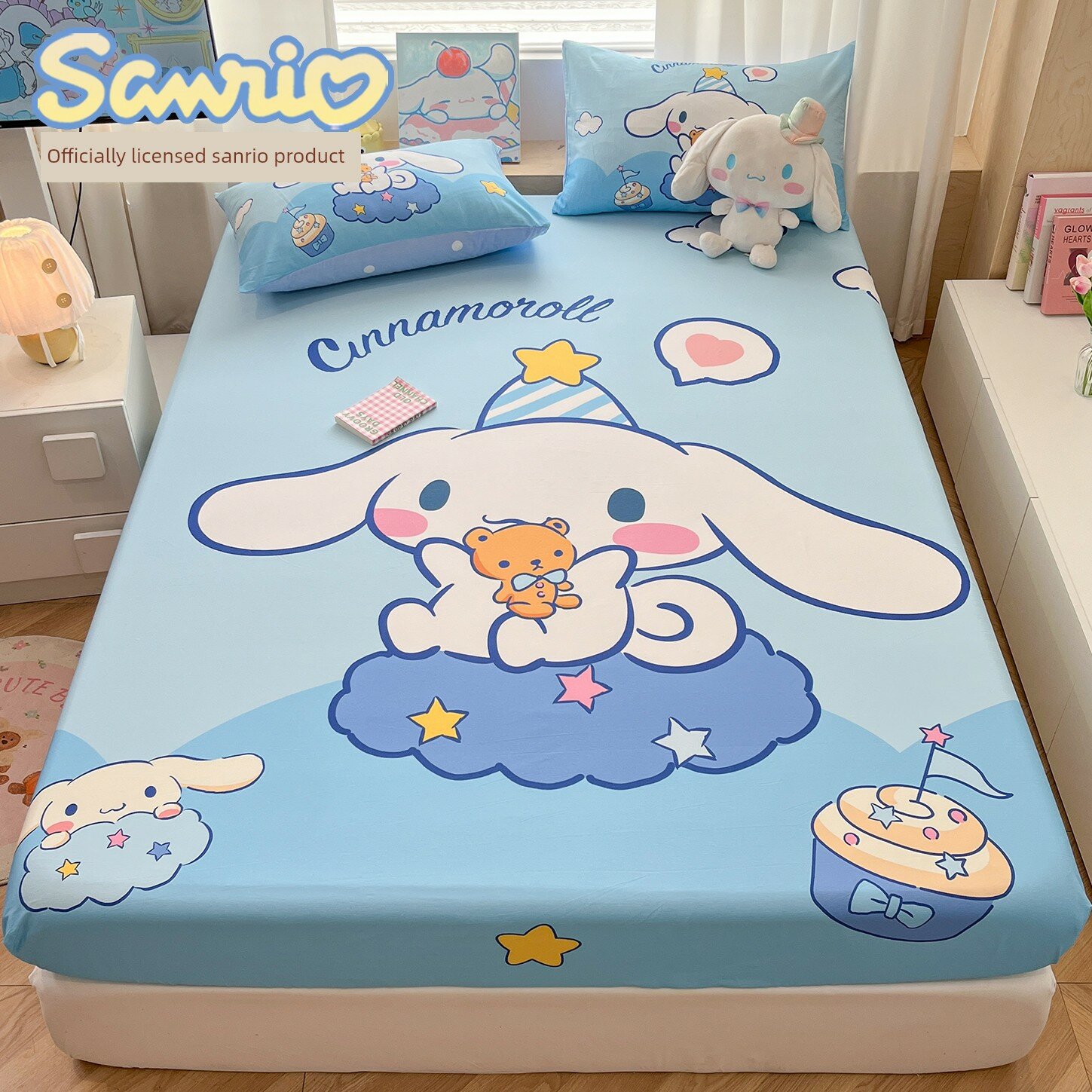 Детское постельное белье Sanrio, простыня на резинке, однокомпонентное покрывало, комплект из трех предметов, чистый