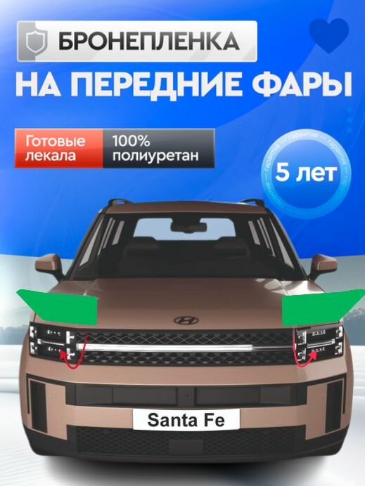 Бронепленка для фар на автомобиль Santa Fe 5 поколение, полиуретановая пленка для фар авто