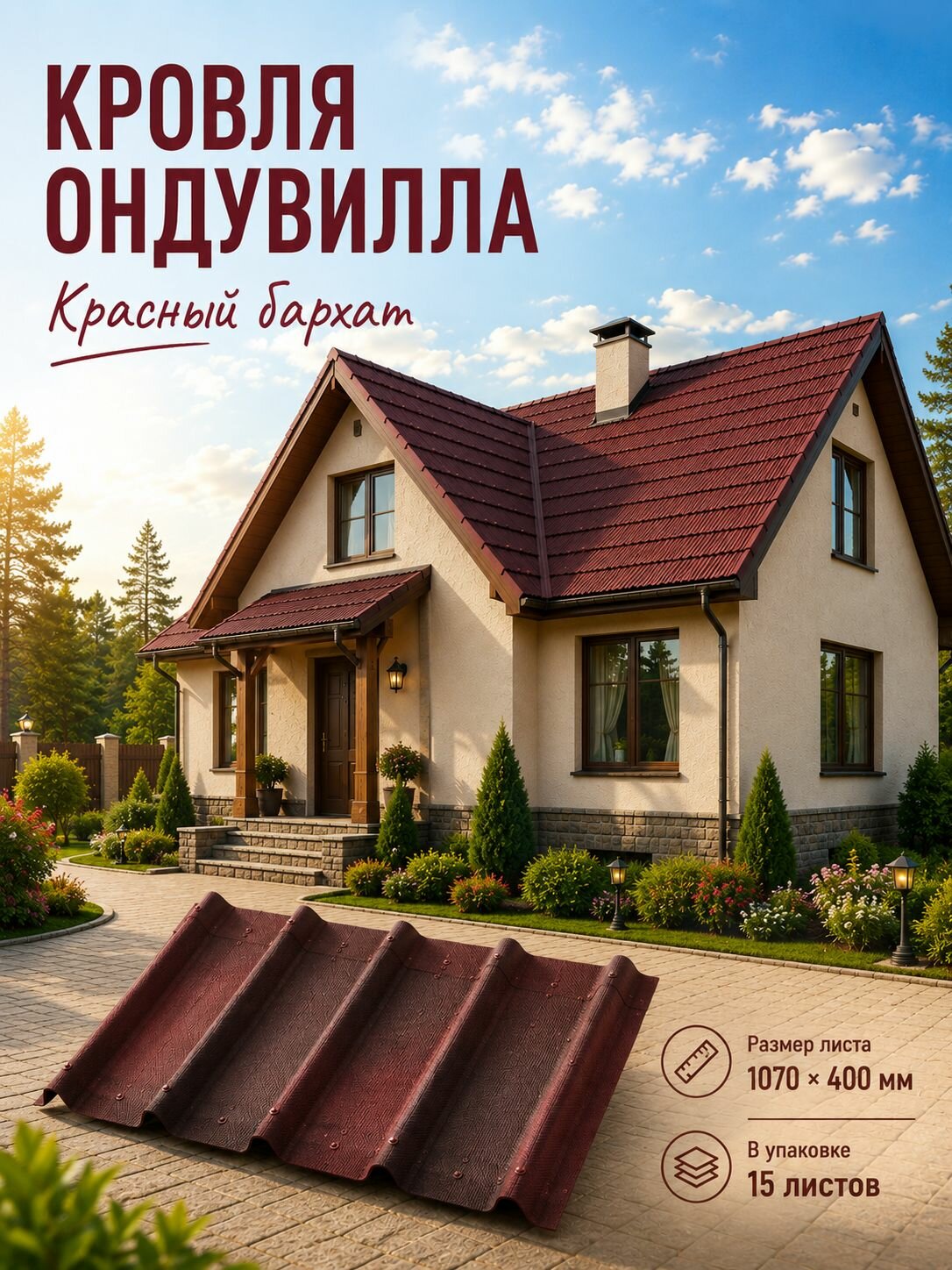 Черепица Ондувилла Красный бархат, 1070 x 400 мм, 15 листов / Ондулин для крыши