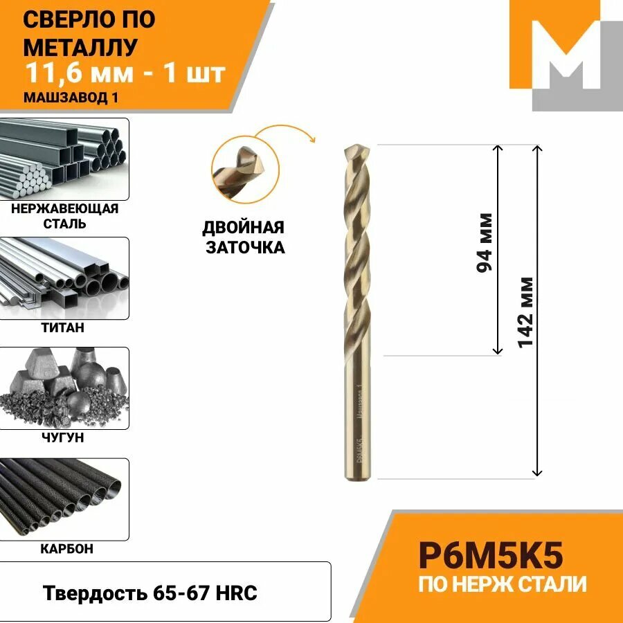 Сверло по металлу 11,6 мм Р6М5К5 кобальтовое машзавод 1