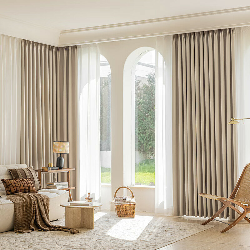 Ali Cotton Linen Milk Tea Color Curtains, Japanese Style, for Living Room And Bedroom, High Light Blocking, Heat Insulation, Sun Protection, with Hooks, Width 3.0 Meters * Height 2.6 Meters